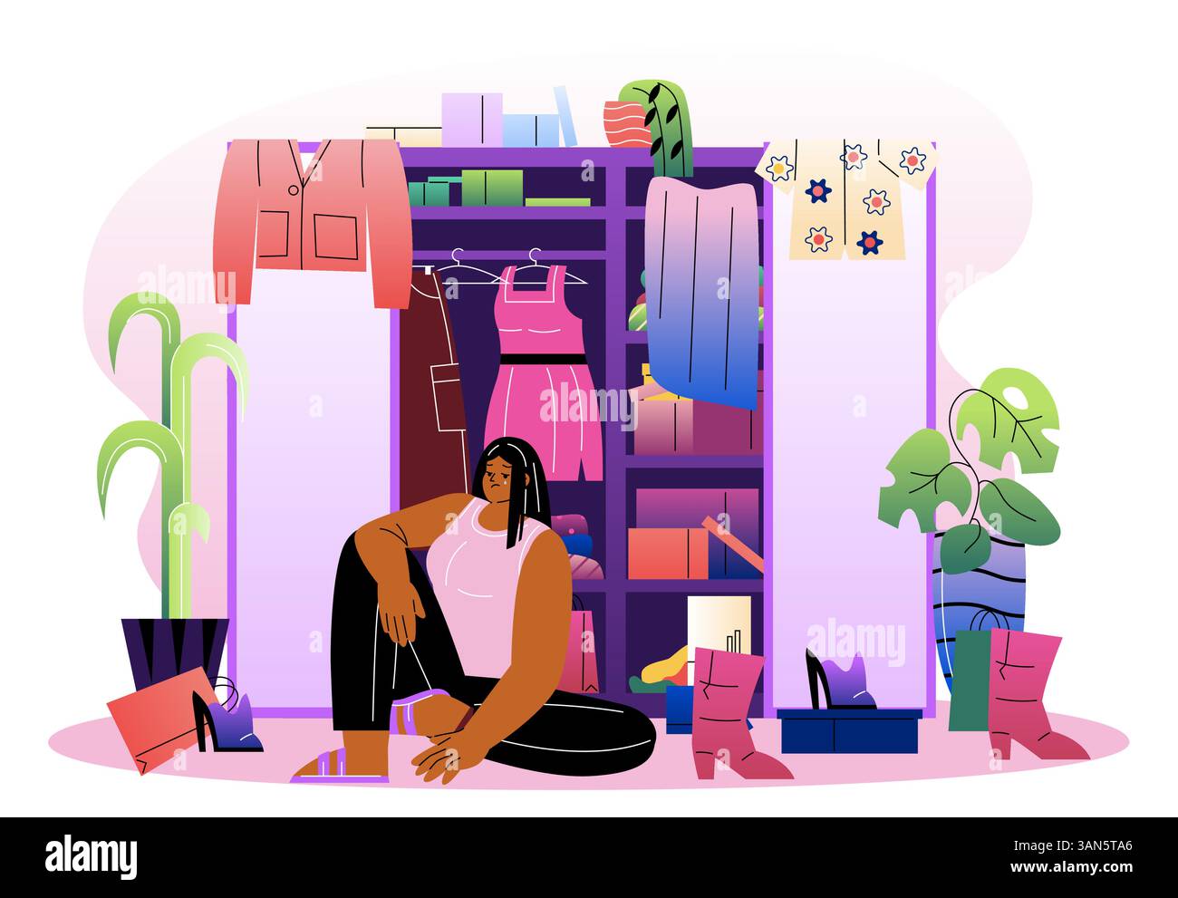 Woman overwhelmed by messy wardrobe. Vector illustration Stock Vector ...