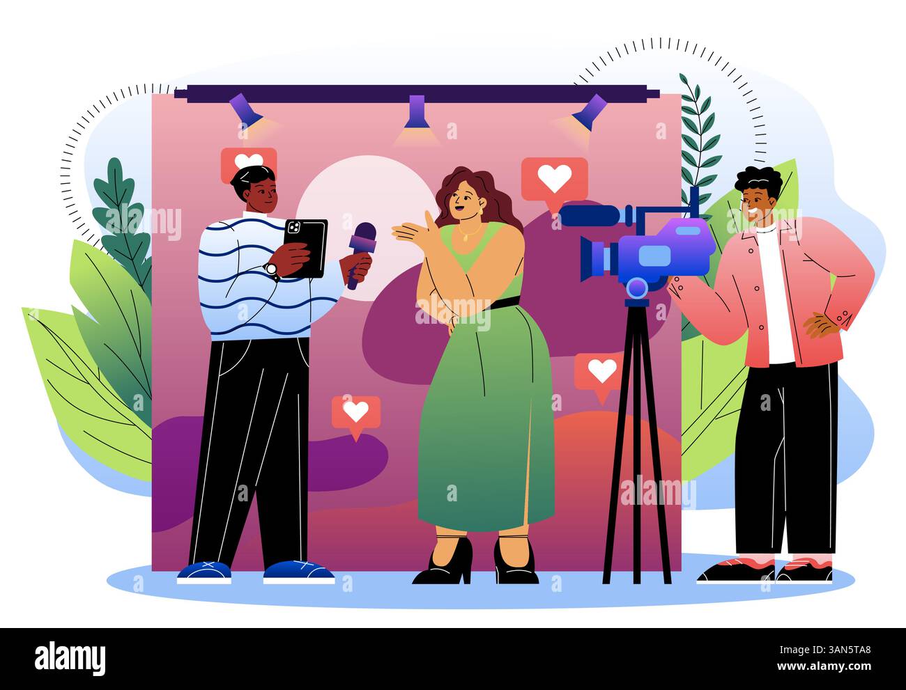 Interview scene with camera crew setup. Vector illustration Stock ...