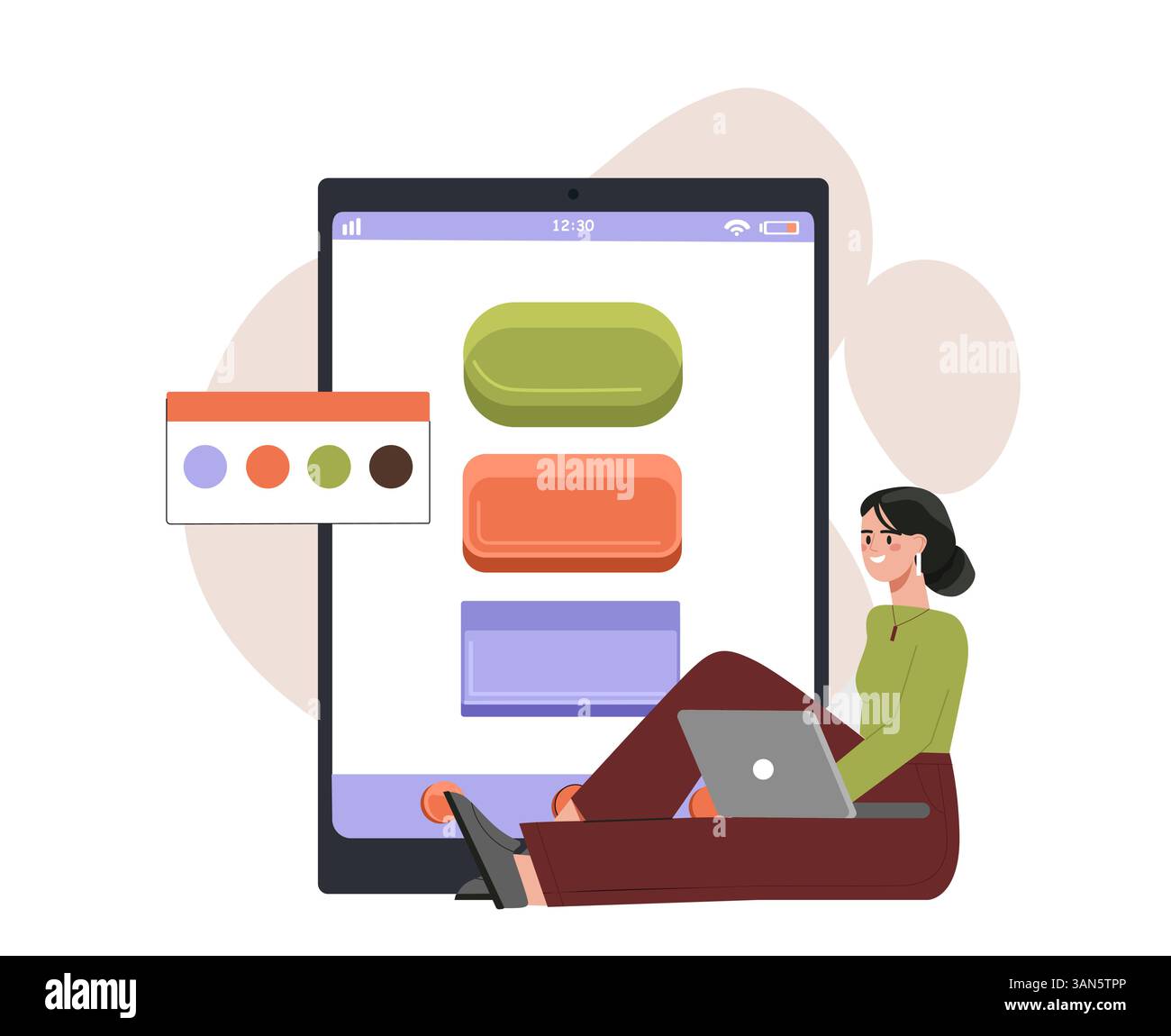 Woman designing UI on large tablet screen. Vector illustration Stock ...