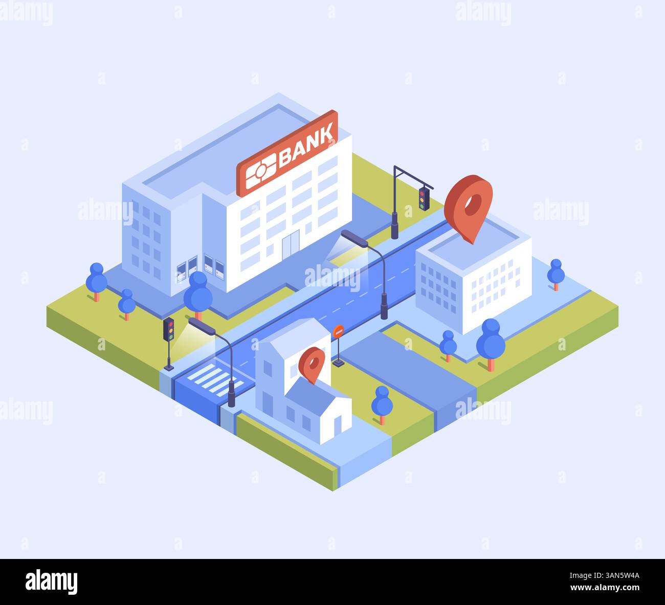 Isometric city block with bank and map pins. Vector illustration Stock ...