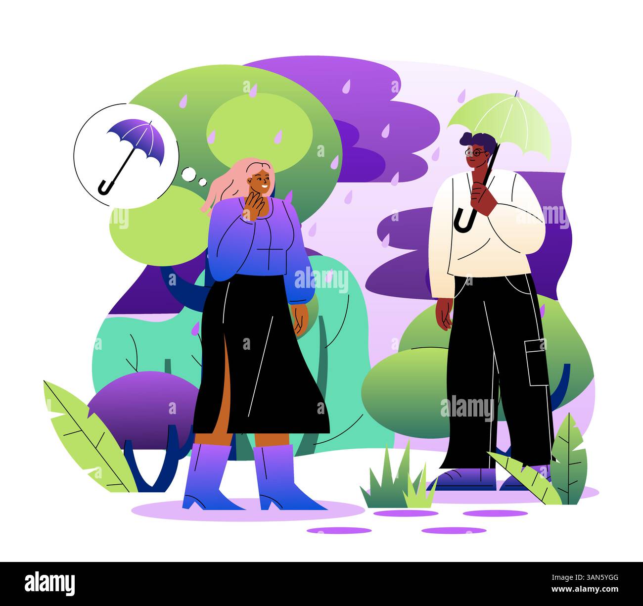 Two people talking in the rain outdoors. Vector illustration Stock ...