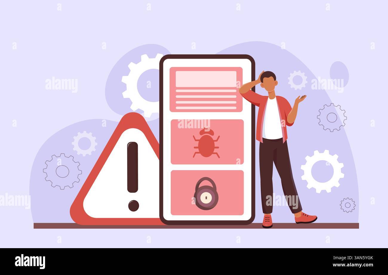 Mobile security alert and confused man. Vector illustration Stock ...