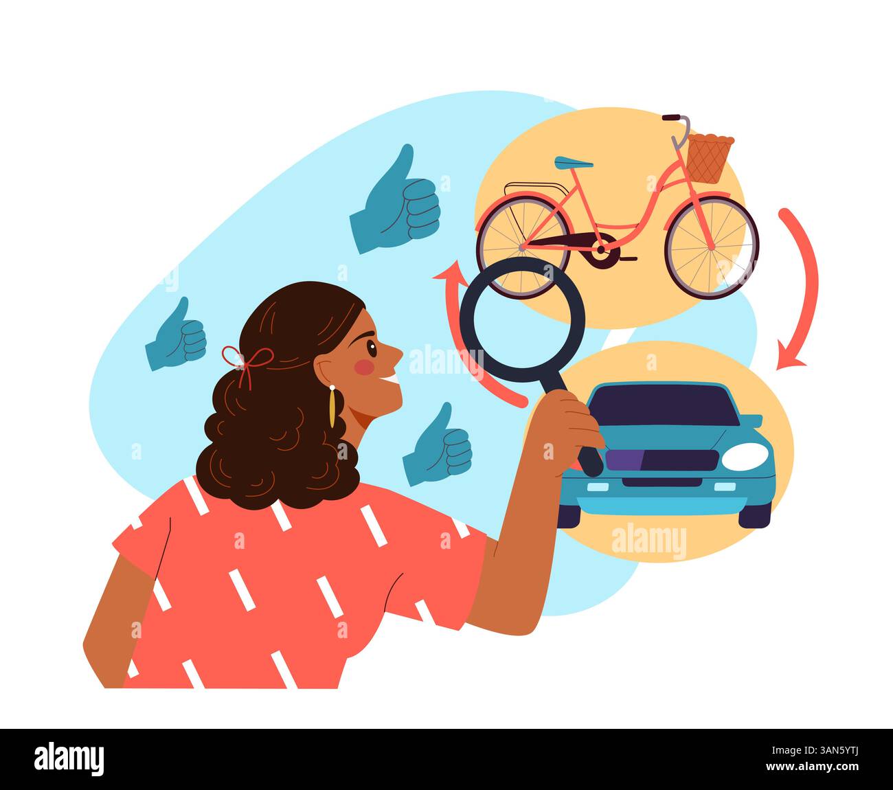Woman choosing between bike and car. Vector illustration Stock Vector ...