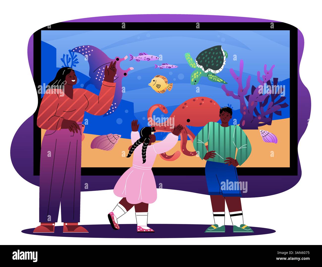 Family visiting aquarium exhibit screen. Vector illustration Stock ...
