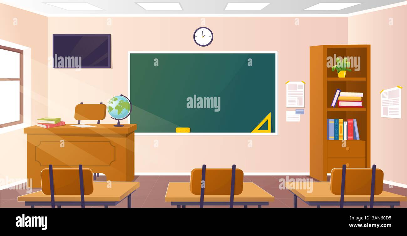 Classroom interior with desks and chalkboard. Vector illustration Stock ...