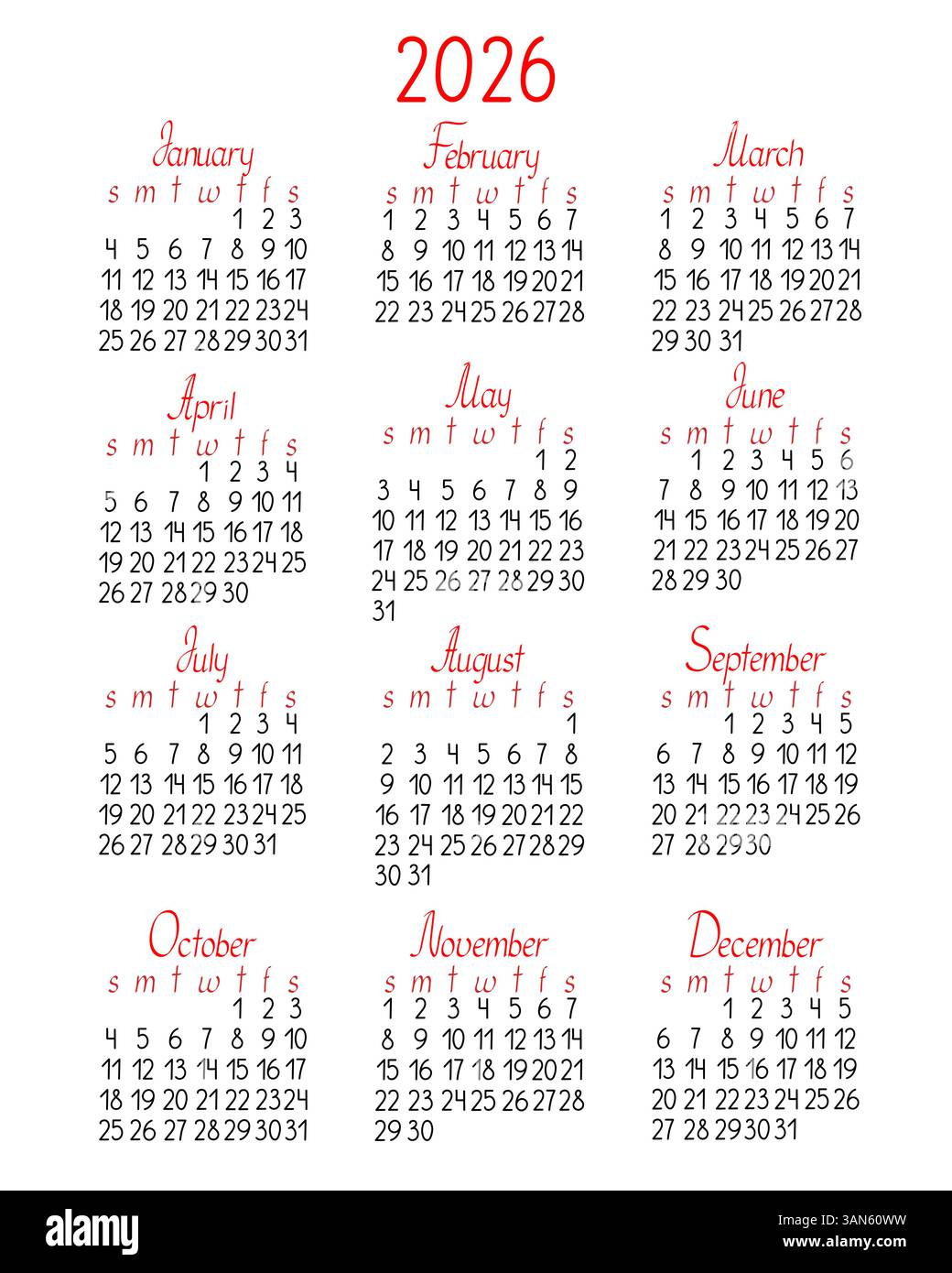 Annual calendar template for the year 2026 in simple minimalist style ...