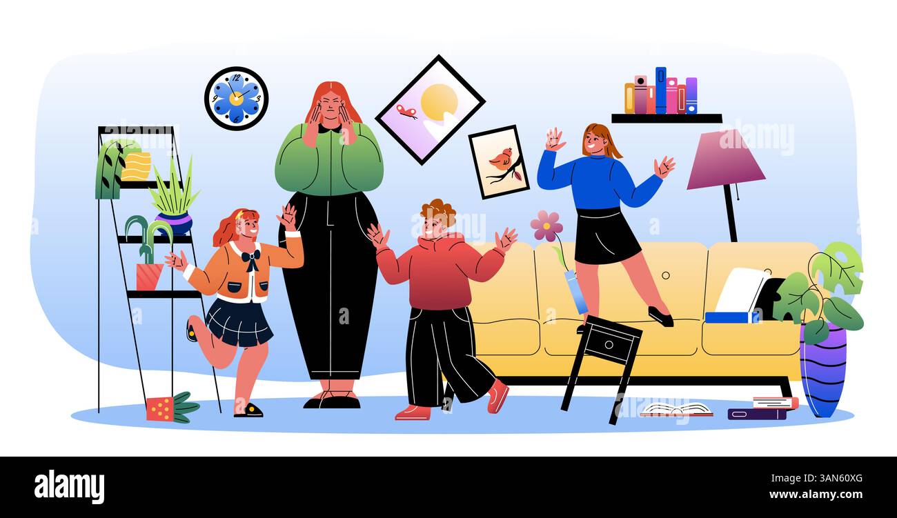 Family chaos in messy living room scene. Vector illustration Stock ...