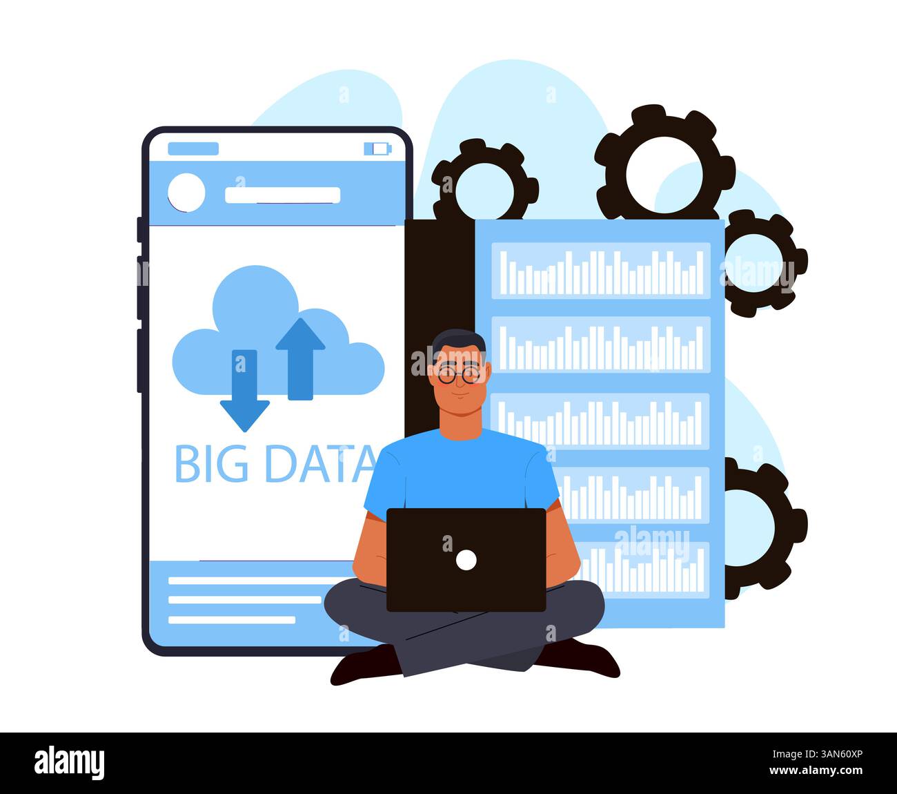 Big data analyst using laptop system. Vector illustration Stock Vector ...