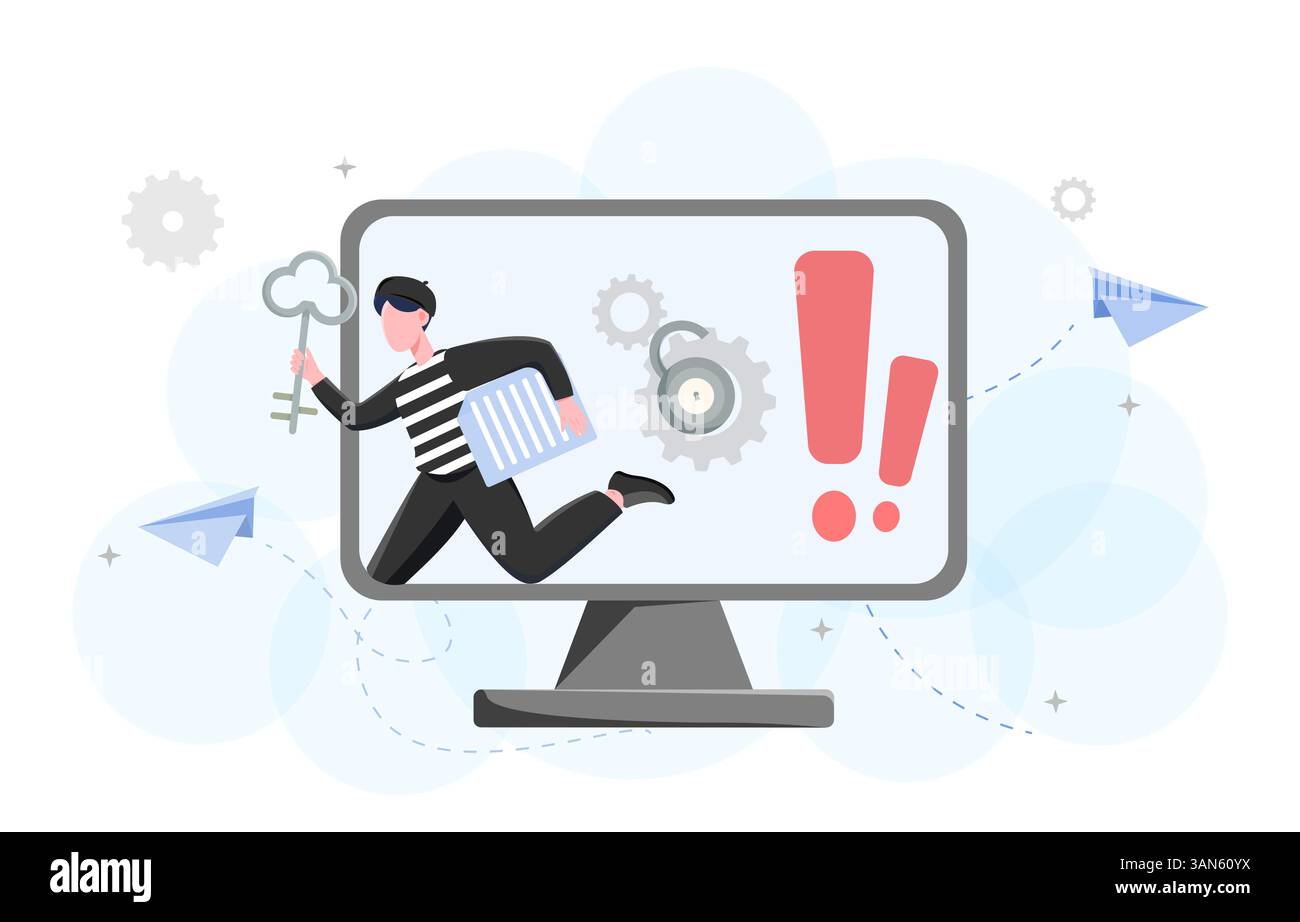 Hacker escaping computer screen concept. Vector illustration Stock ...