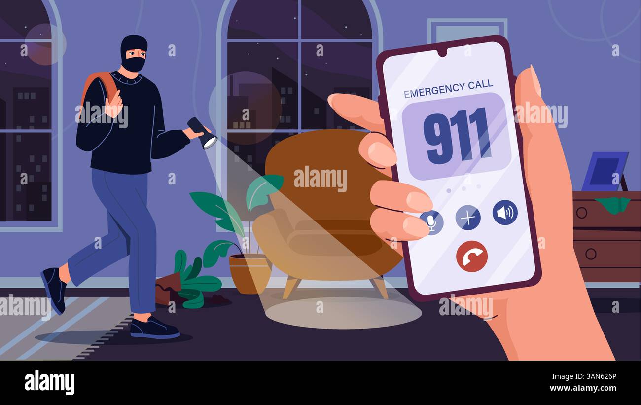 Calling 911 during night burglary scene. Vector illustration Stock Vector Image & Art - Alamy