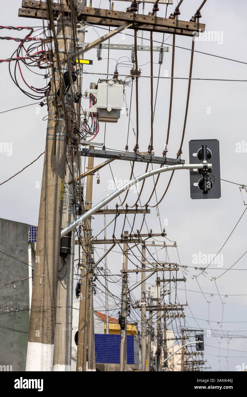tangle and chaos of wires on poles in street of Sao Paulo, Brazil Stock ...