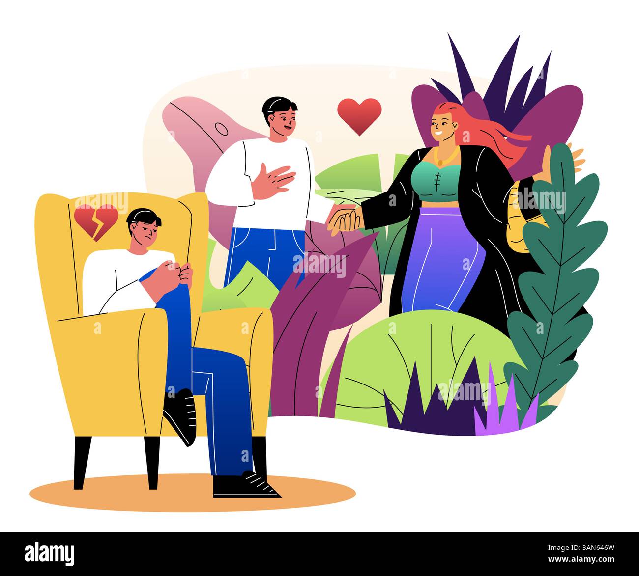 Man healing from heartbreak through love. Vector illustration Stock ...