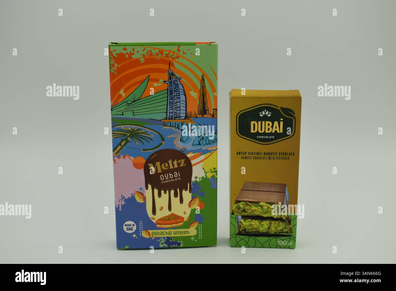 Two brands of Dubai chocolate, both made in the UAE Stock Photo - Alamy