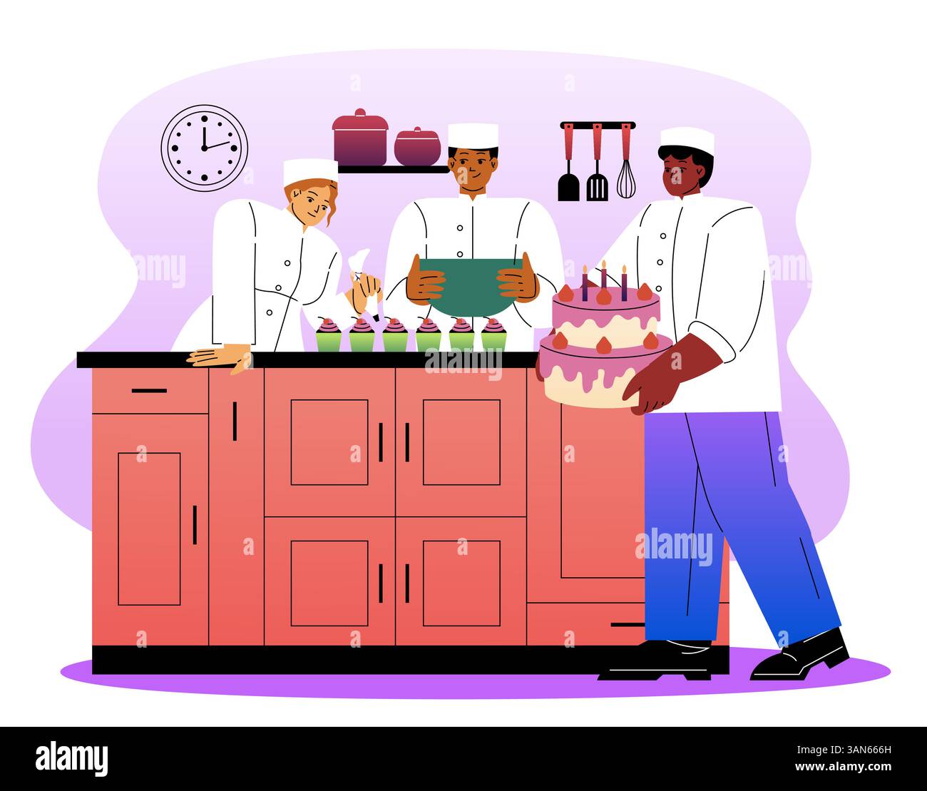 Pastry chefs decorating cupcakes together. Vector illustration Stock ...