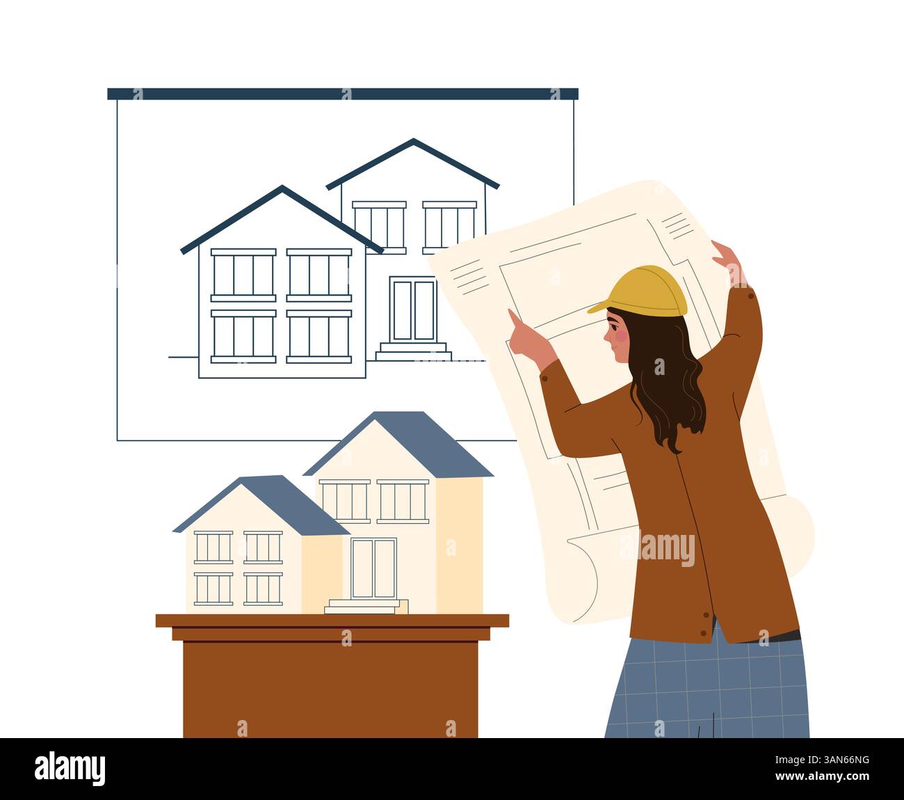 Female architect checking house plans. Vector illustration Stock Vector ...