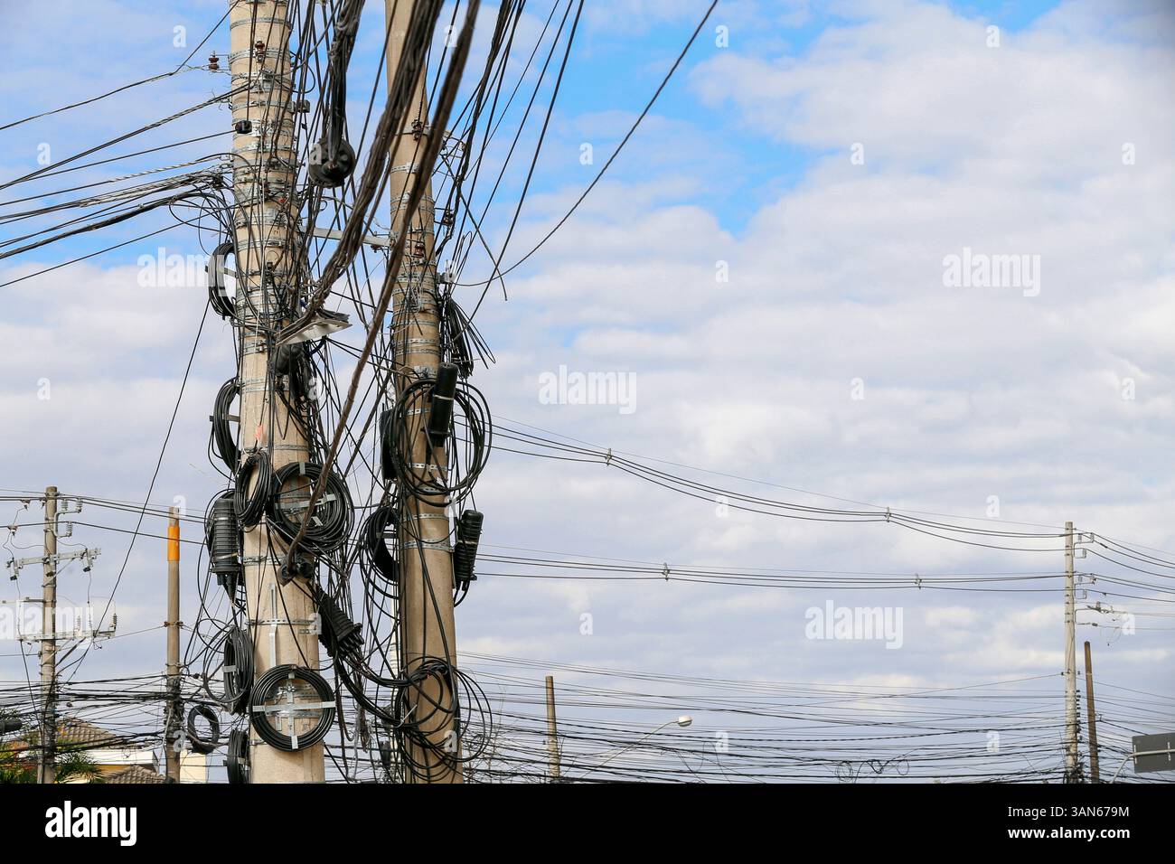 Messy cable distribution of transformer and electricity line on ...