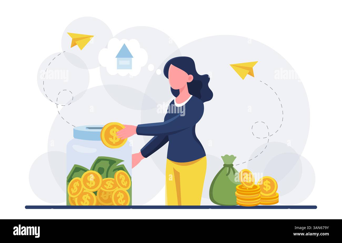 Woman saving money in a jar for home. Vector illustration Stock Vector ...