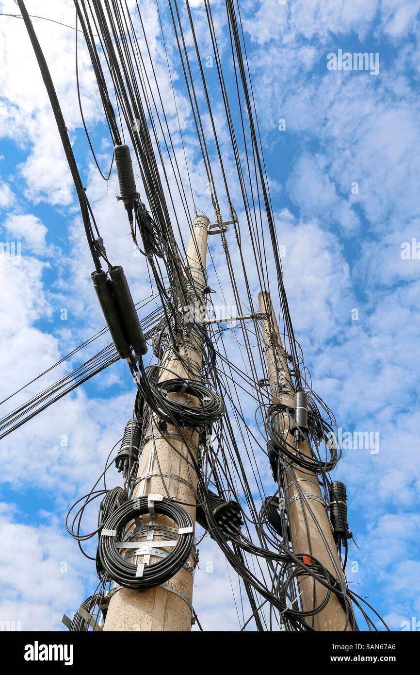 Messy cable distribution of transformer and electricity line on Alphaville, Sao Paulo, Brazil ...