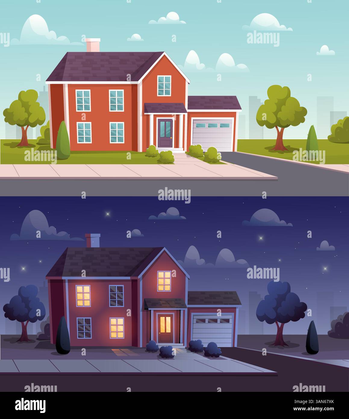 Cozy suburban house day and night view. Vector illustration Stock ...
