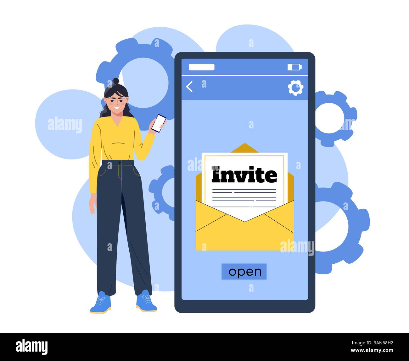 Woman opens digital event invitation. Vector illustration Stock Vector ...