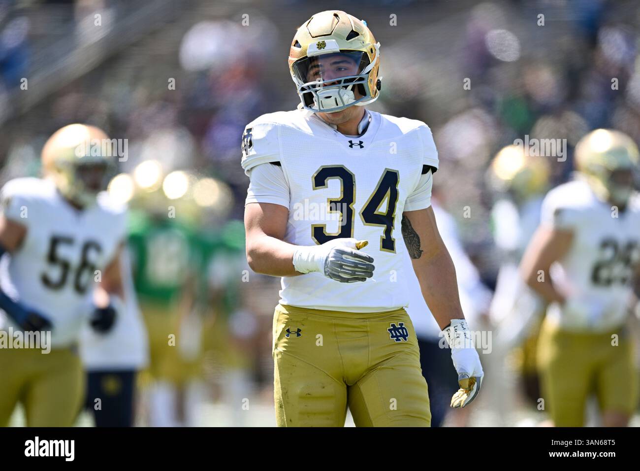 SOUTH BEND, IN - APRIL 12: Notre Dame LB Drayk Bowen (34) prior to the ...