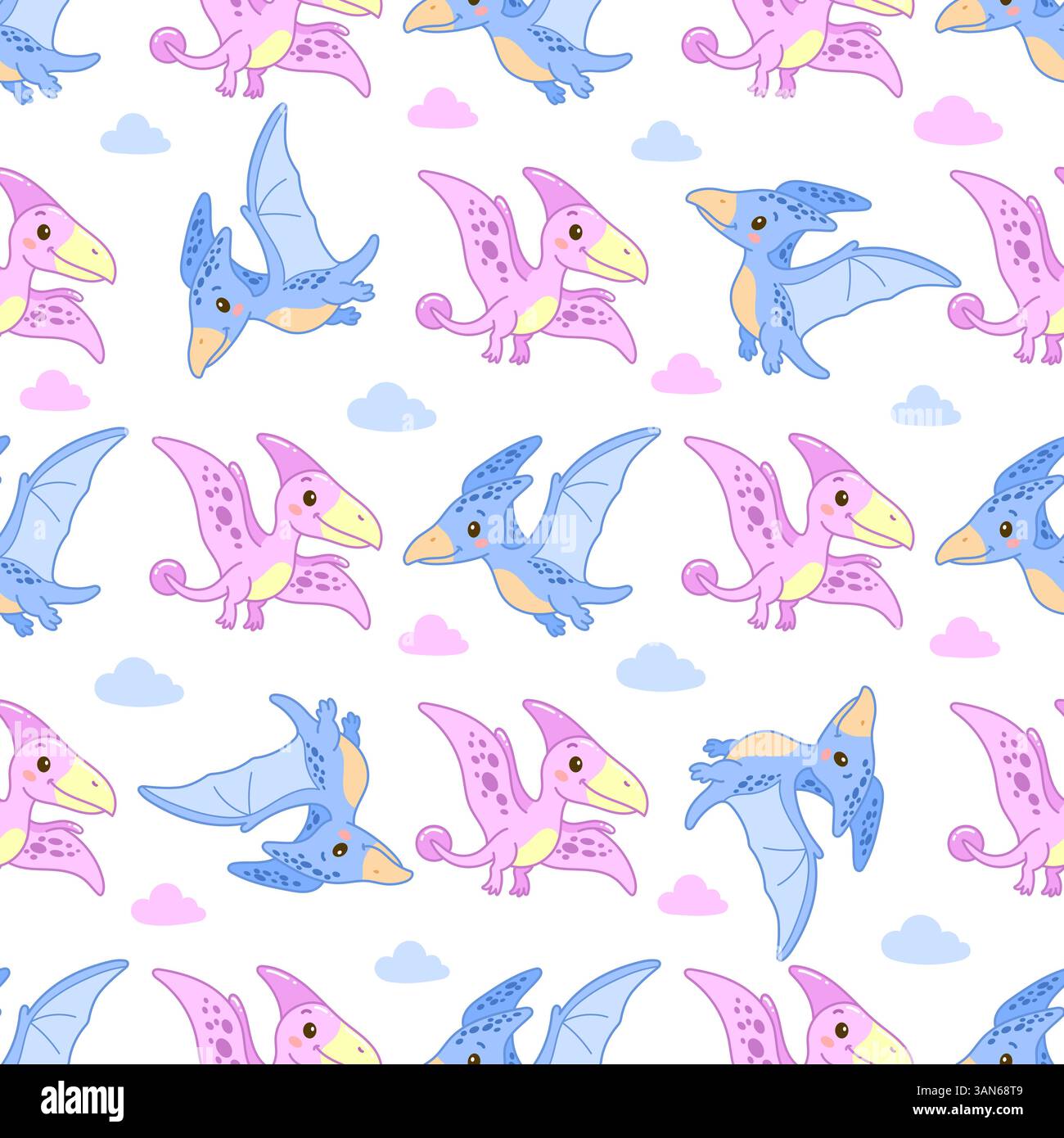 Seamless flying dinosaur pattern with pink and blue pterodactyls and ...