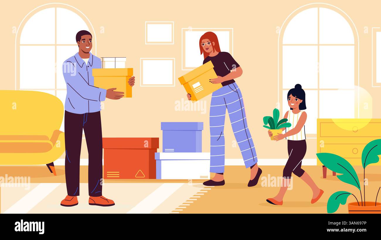 Family moving into new house together. Vector illustration Stock Vector ...