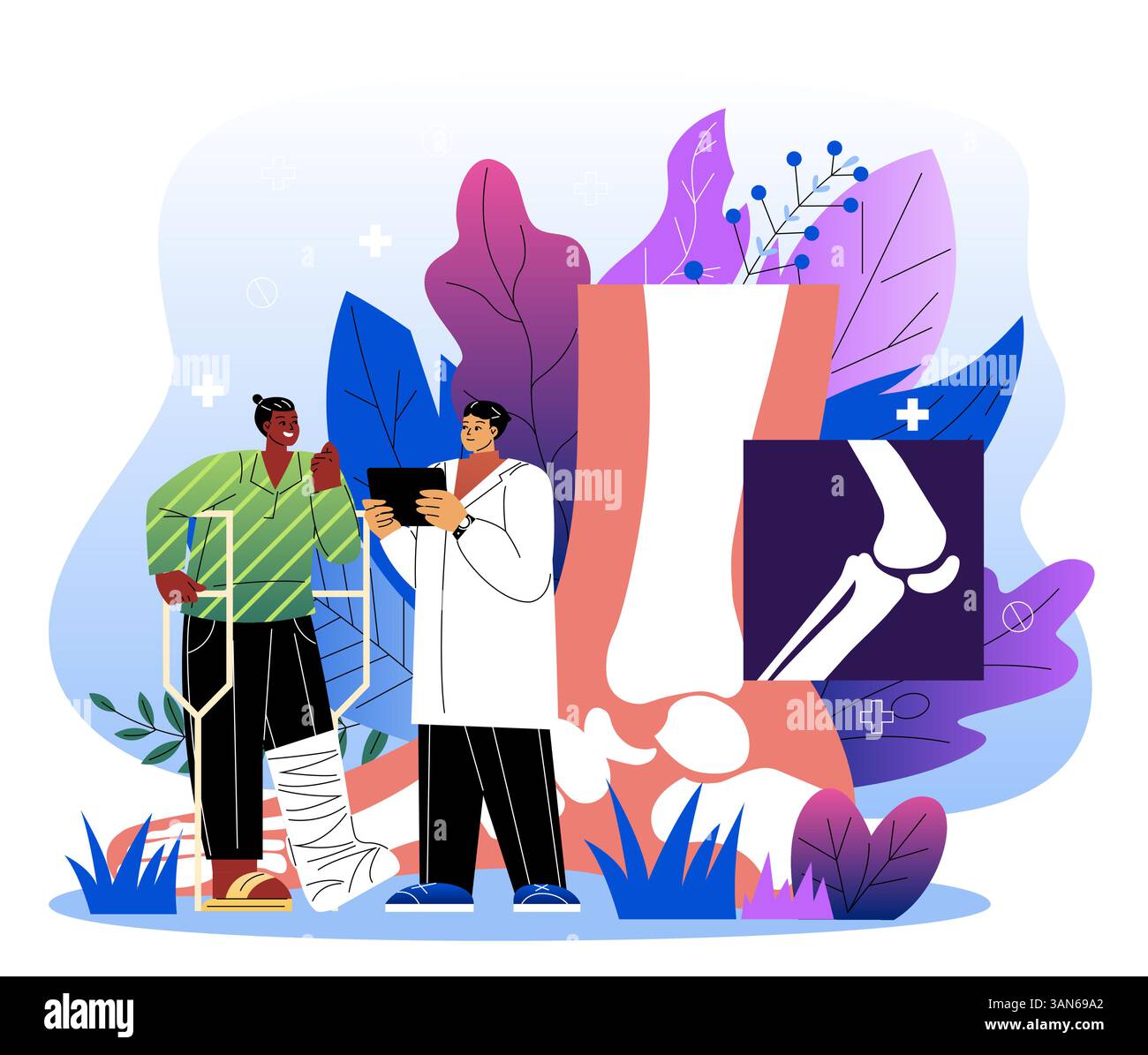 Doctor consulting patient with leg cast. Vector illustration Stock ...