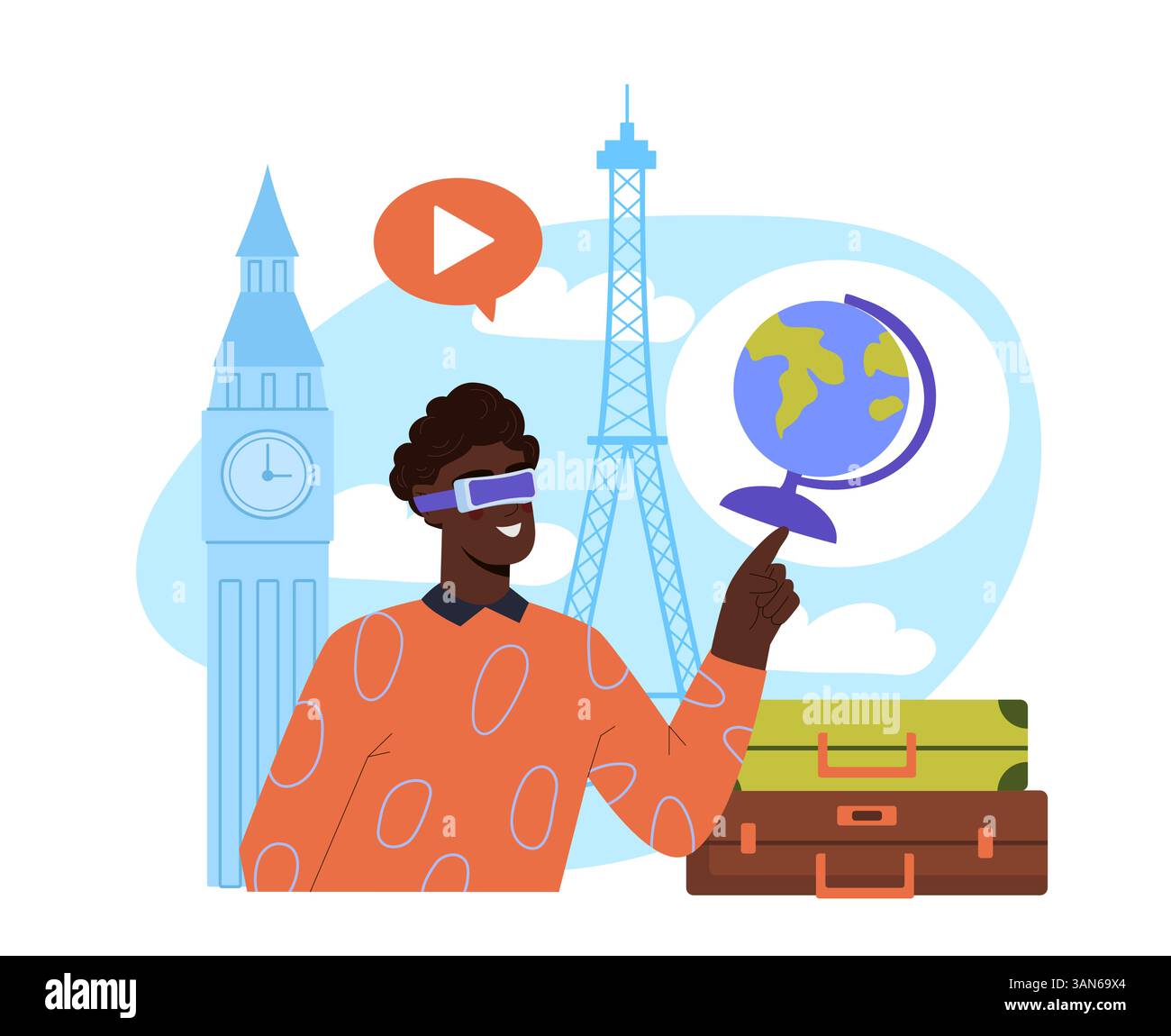 Man exploring world via virtual travel.. Vector illustration Stock ...
