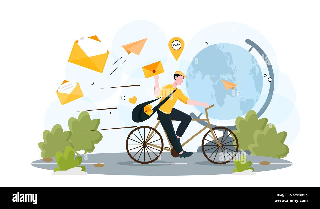 Mail courier on bicycle delivering letters. Vector illustration Stock ...