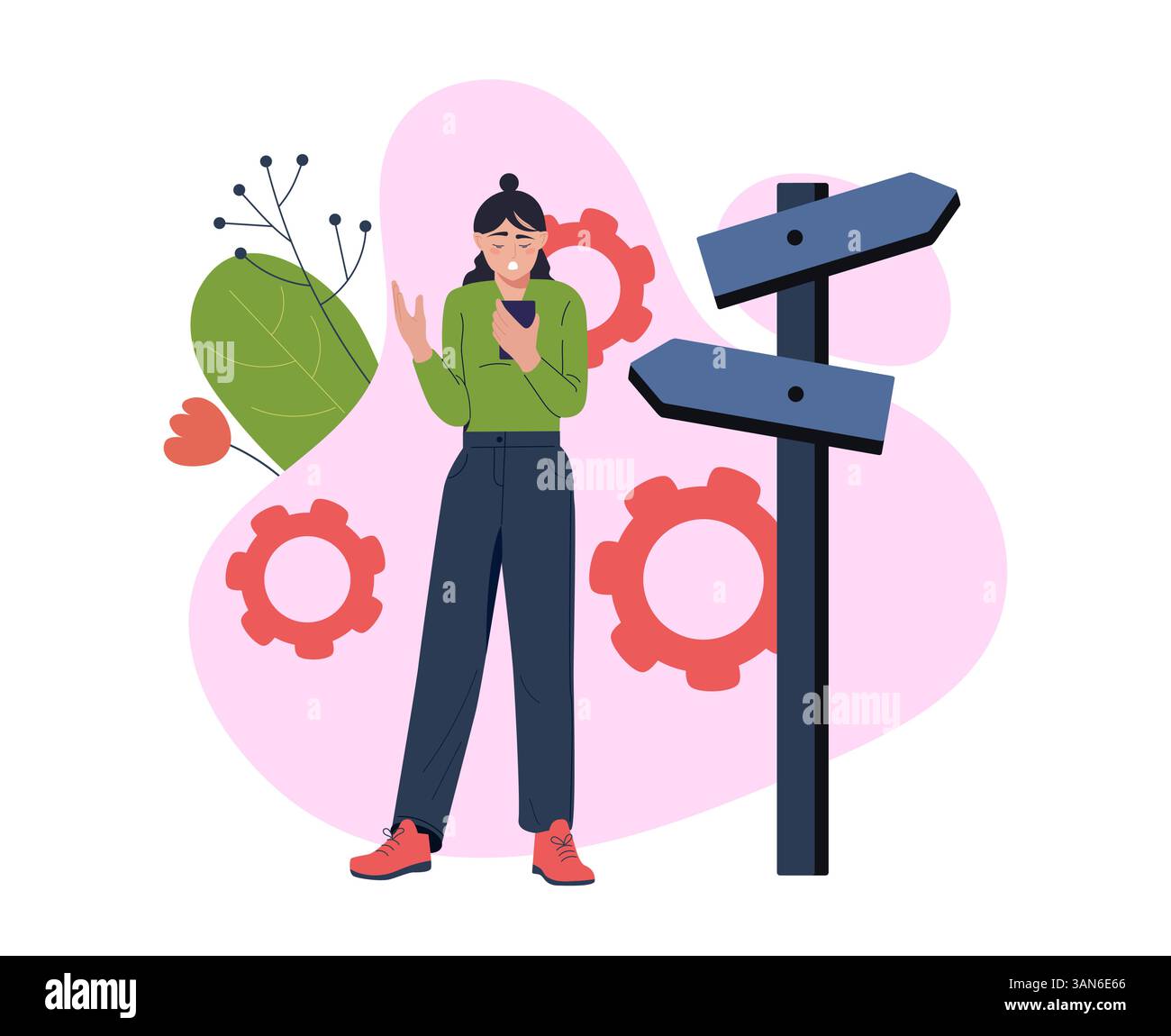 Confused woman at crossroads sign.. Vector illustration Stock Vector ...