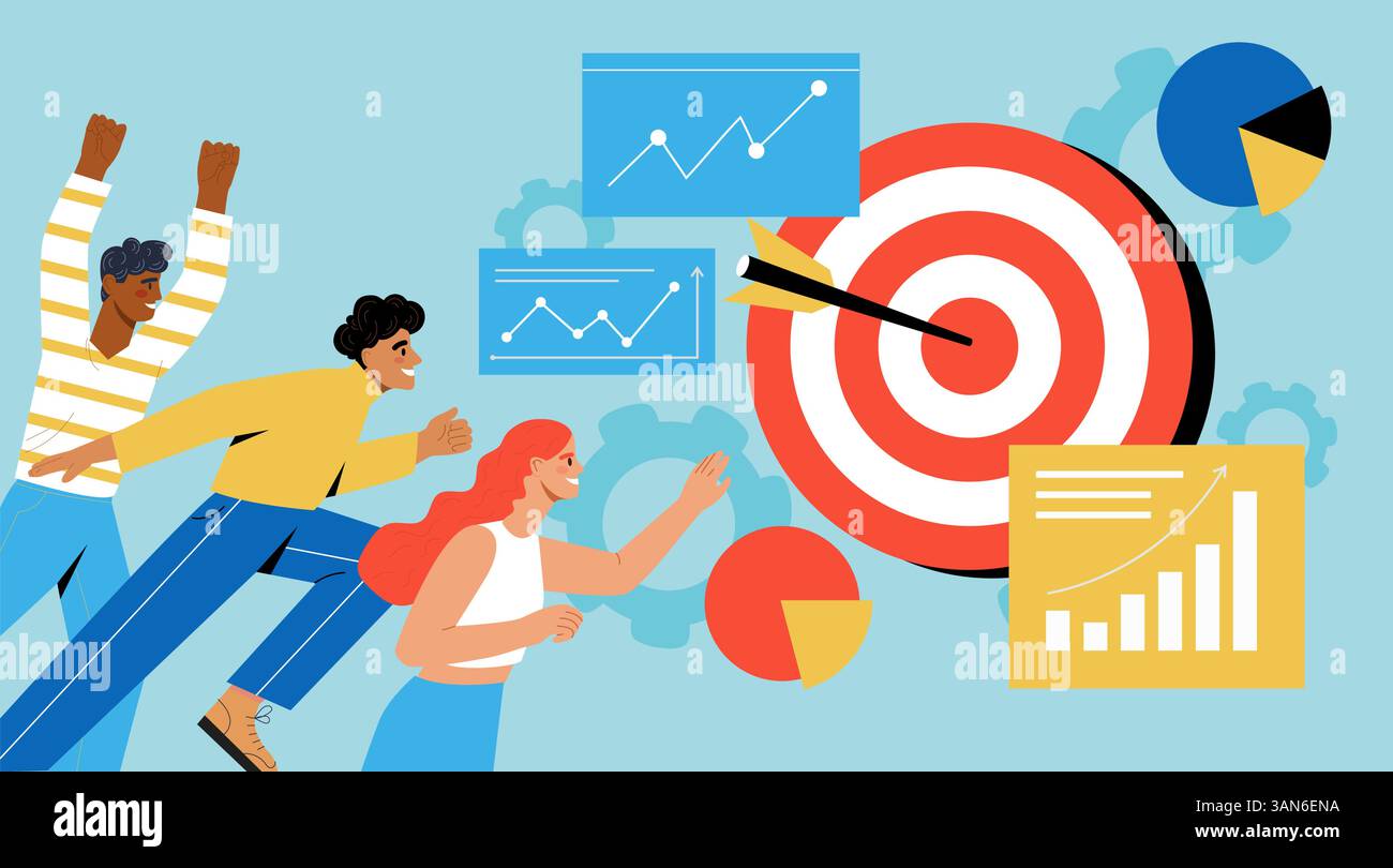 Team reaching business target with charts. Vector illustration Stock ...