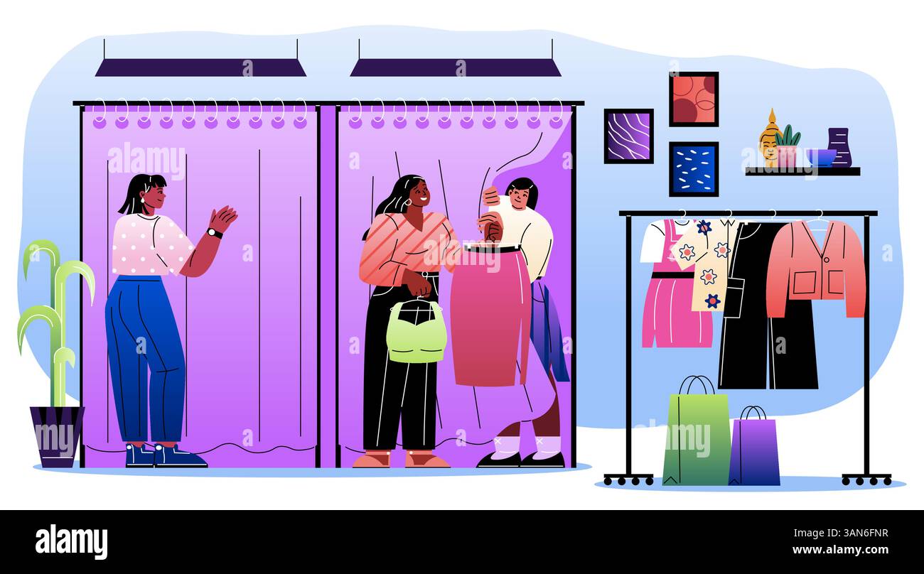 Women shopping at fitting rooms scene. Vector illustration Stock Vector ...