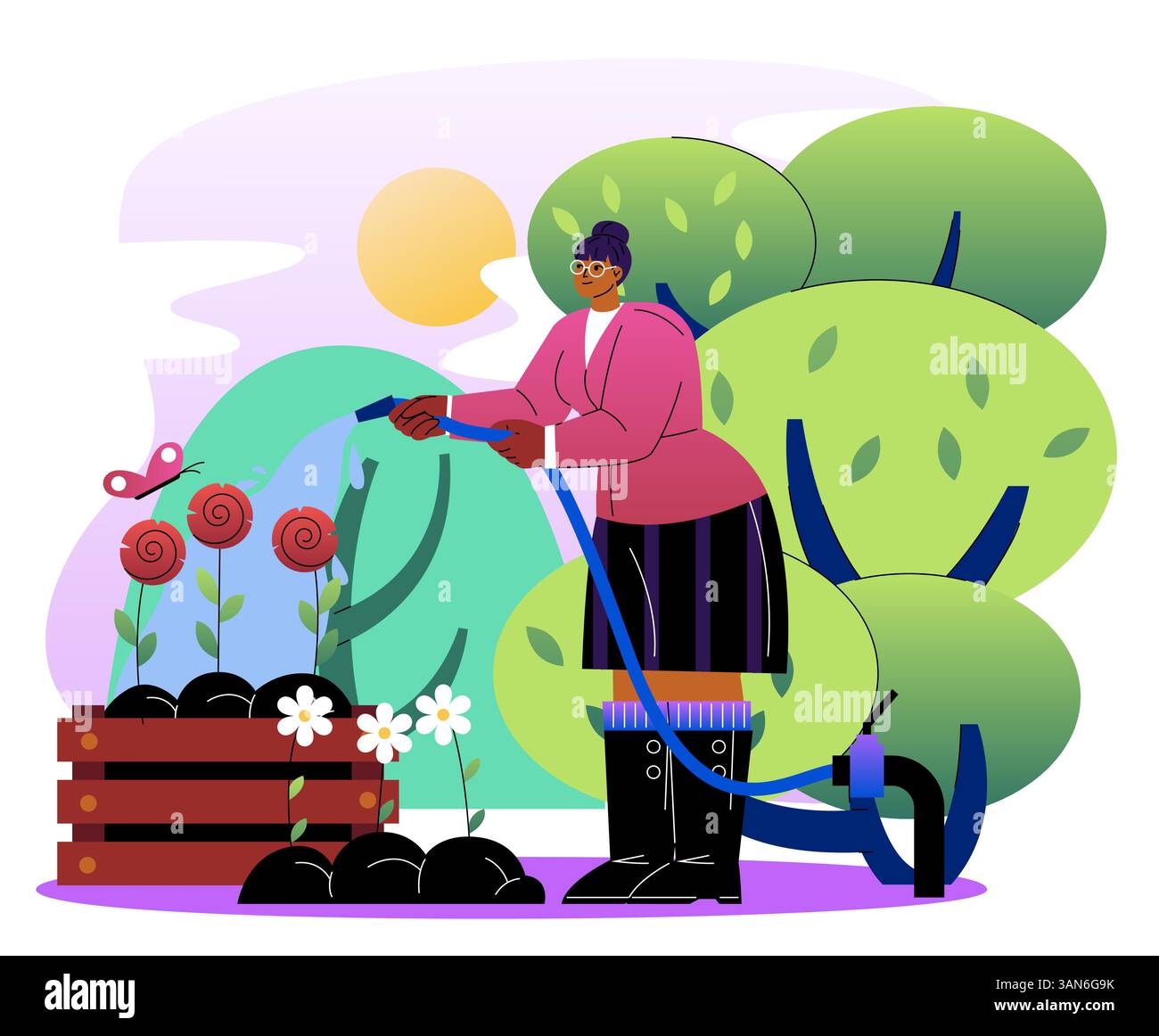 Woman watering flowers in garden scene. Vector illustration Stock ...