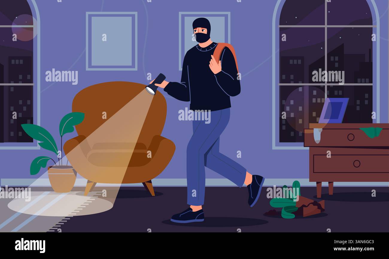 Burglar sneaking through dark room at night. Vector illustration Stock ...