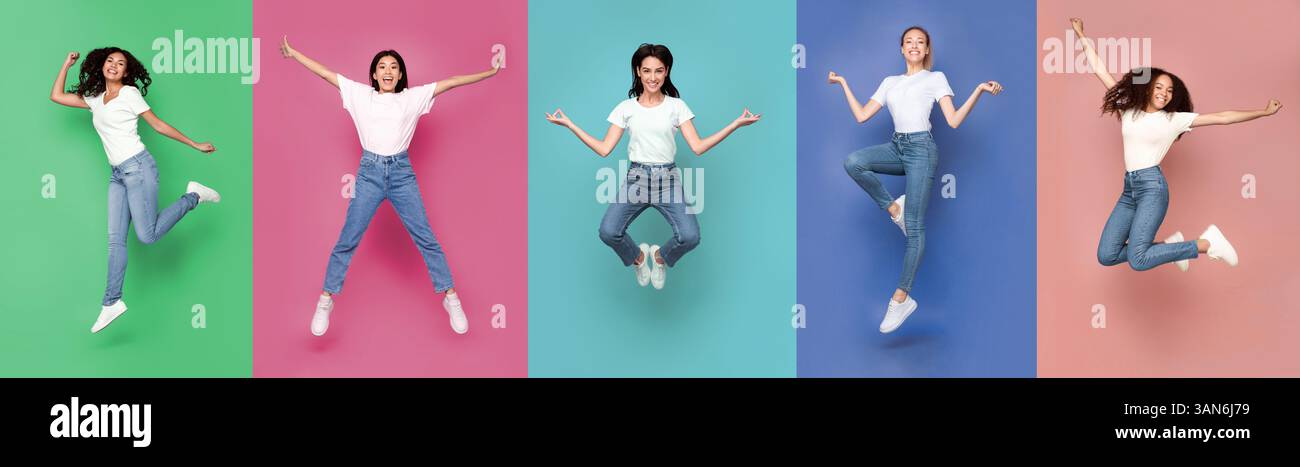 Multicultural Women Jumping Posing In Different Poses Over Colorful ...