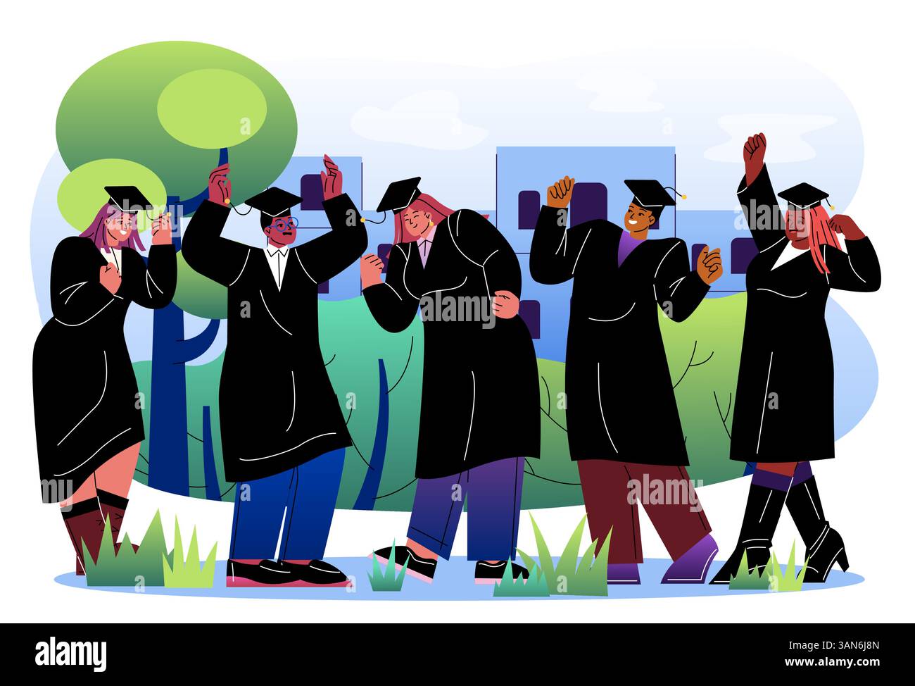 Happy graduates celebrating outdoors. Vector illustration Stock Vector ...