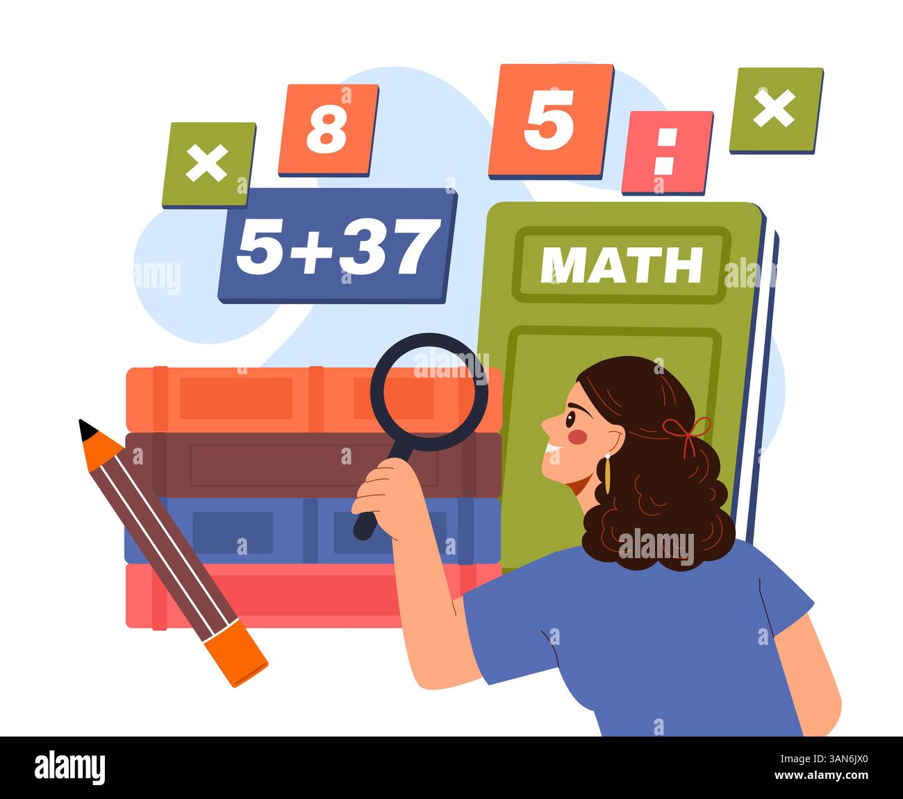 Girl learning math with books and tools. Vector illustration Stock ...