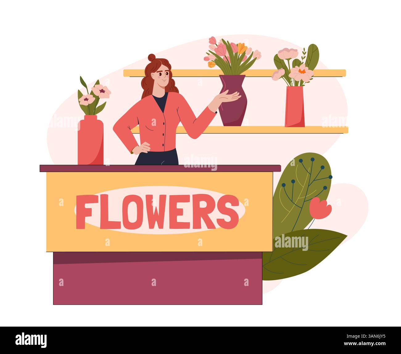 Woman florist standing at flower shop counter. Vector illustration ...