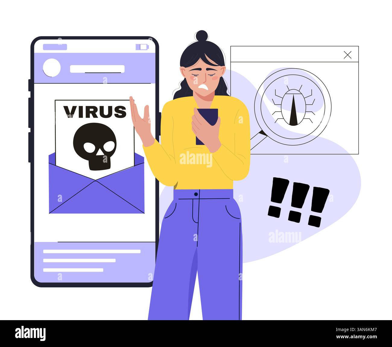 Woman shocked by phone virus alert. Vector illustration Stock Vector ...