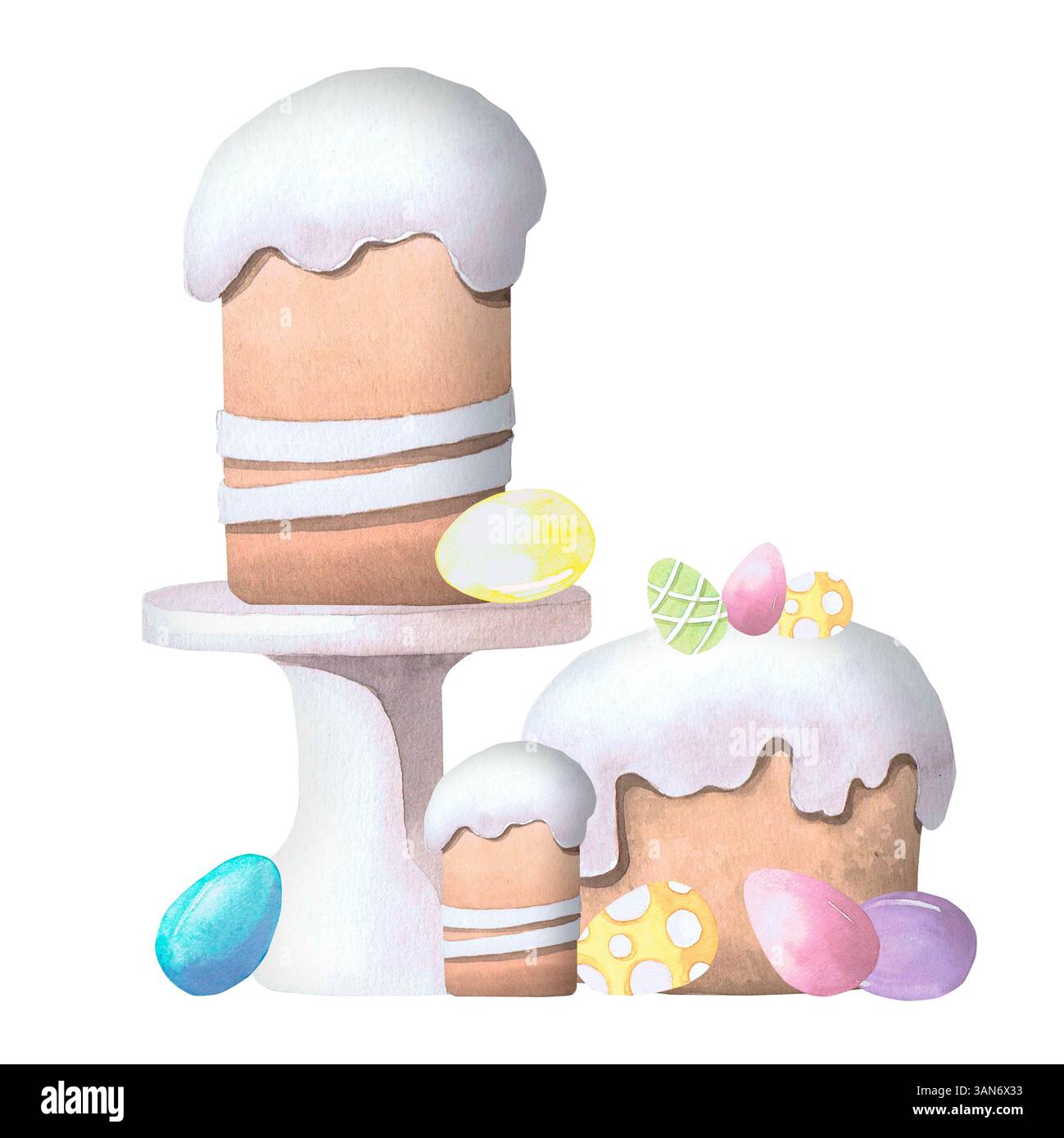 Easter holiday cakes with colored eggs watercolor illustration isolated ...