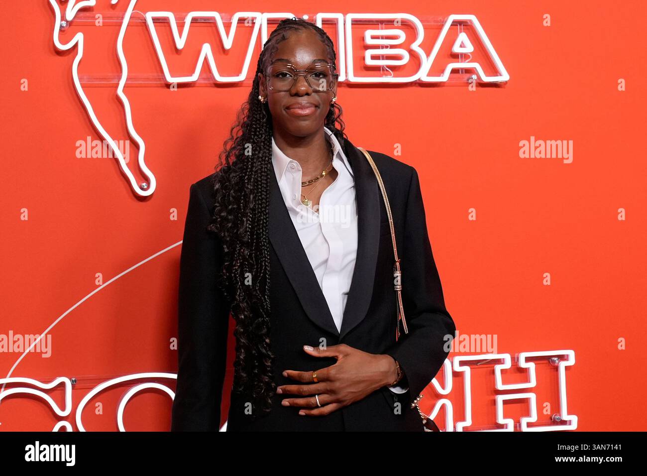 Dominique Malonga poses before the WNBA basketball draft, Monday, April ...