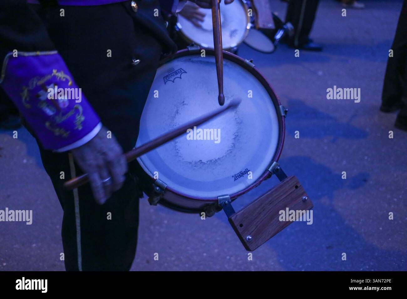 Madrid, Spain, April 14, 2025: A boy playing a drum during the ...