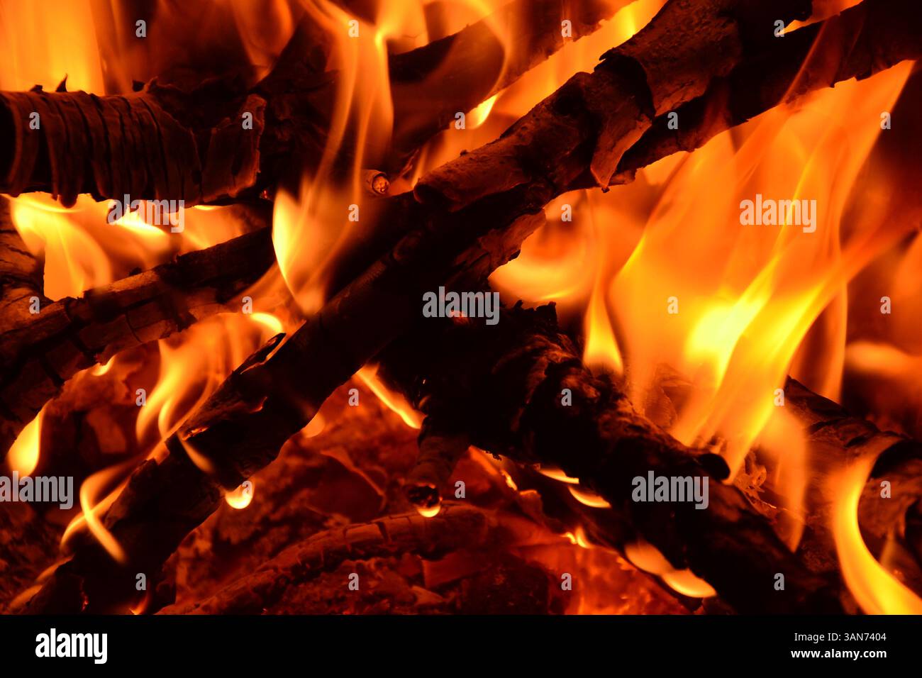 Flames of a fire of burning branches in a wood burning stove Stock ...