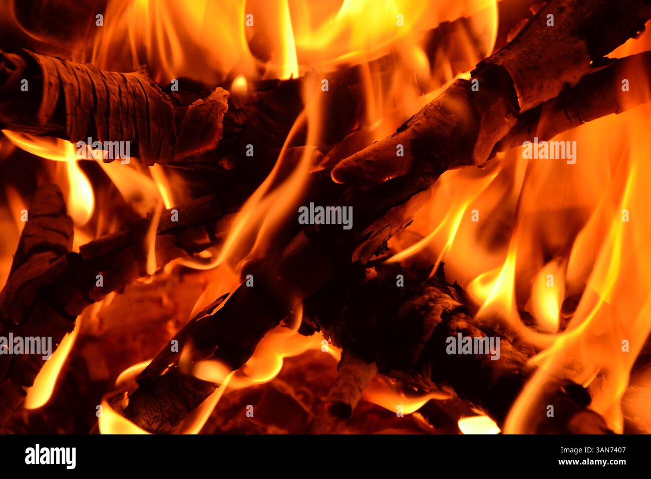 Flames of a fire of burning branches in a wood burning stove Stock ...
