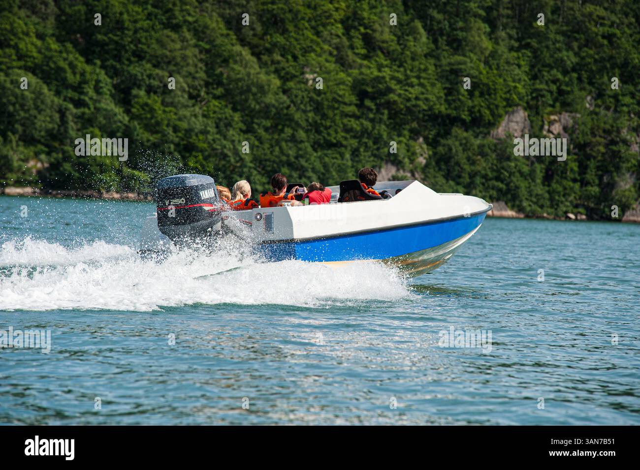 Lindesnes, Norway - July 05 2012: Large Yamaha outboard engine on a ...