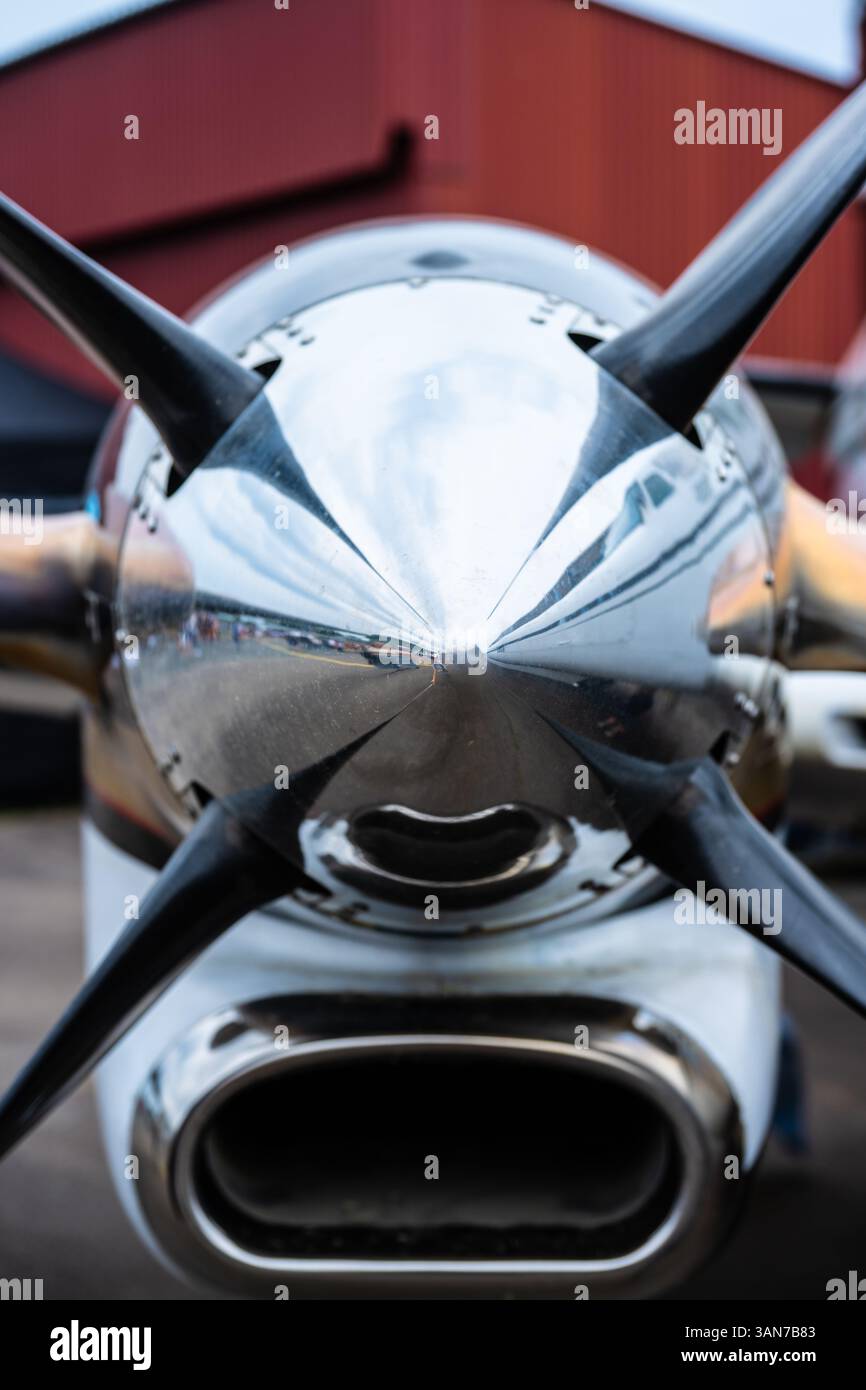 Kjeller, Norway - June 18 2023: Shiny propeller hub of an air plane ...
