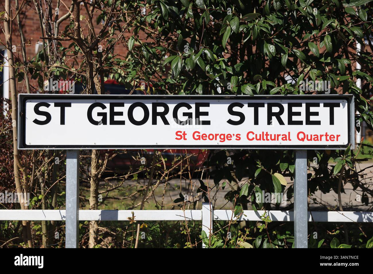 Road signs in St George's Cultural Quarter, Leicester, UK Stock Photo ...