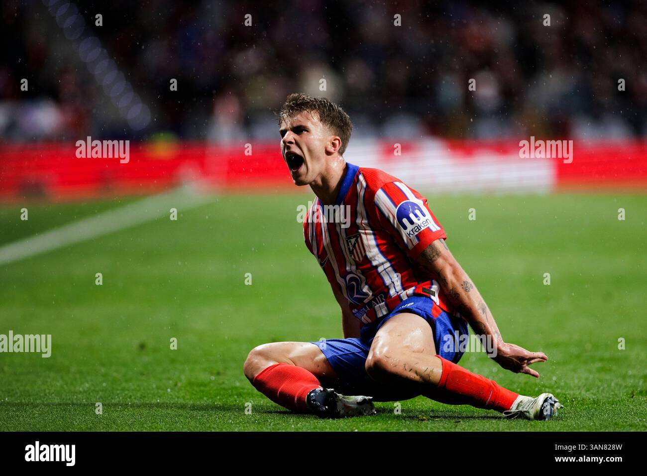 MADRID,SPAIN - 14 April:Pablo Barrios of Atletico de Madrid protest to ...