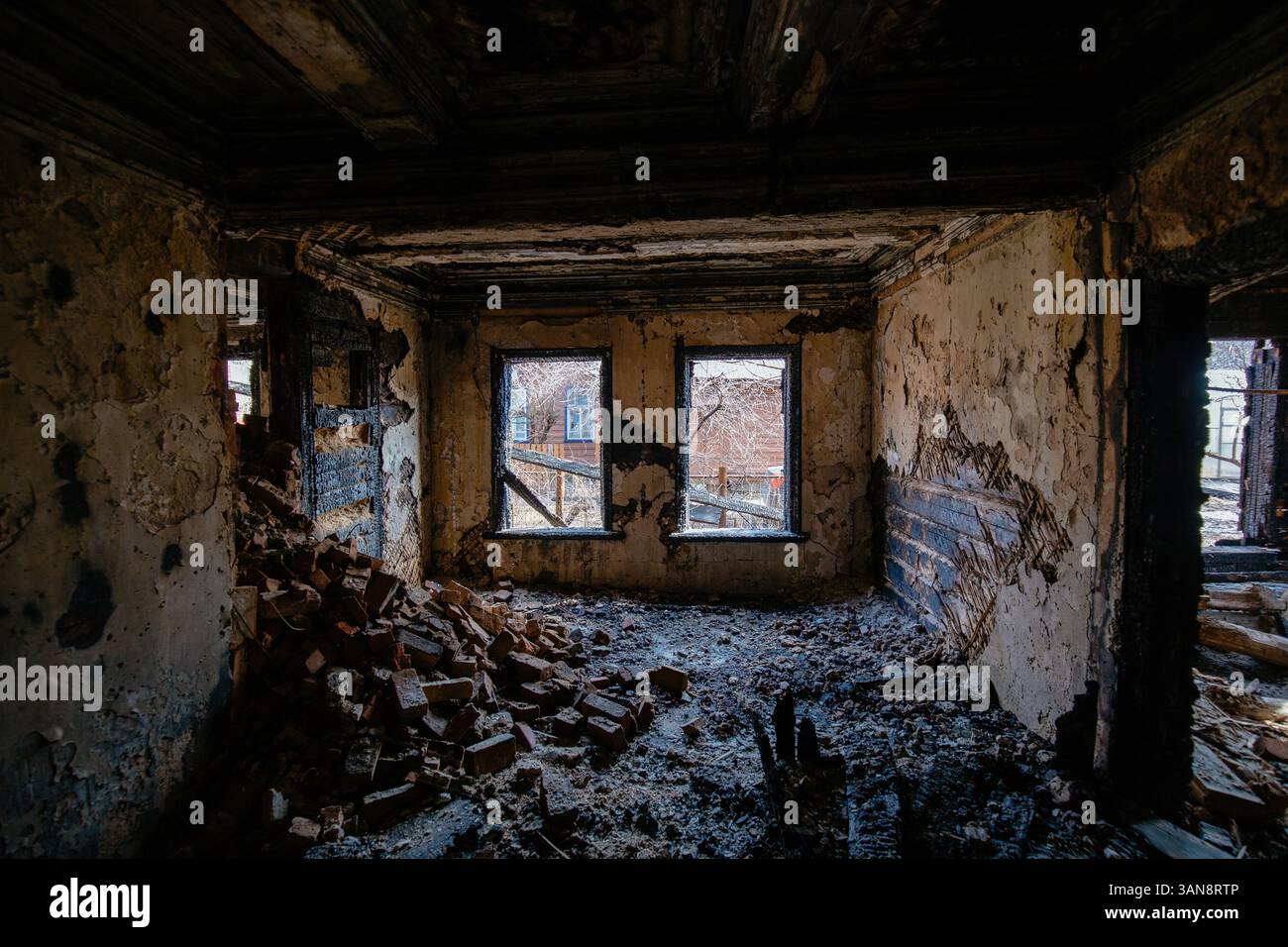 Burned room interior in apartment house. Consequences of fire concept ...